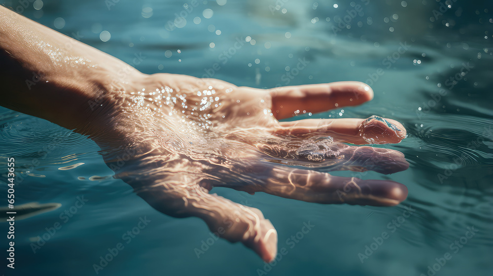 Human hand with open palm underwater in swimming pool, blue water ...