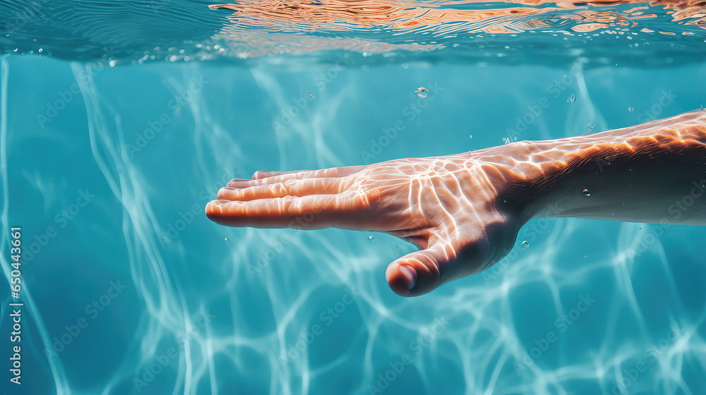 Human hand with open palm underwater in swimming pool, blue water ...