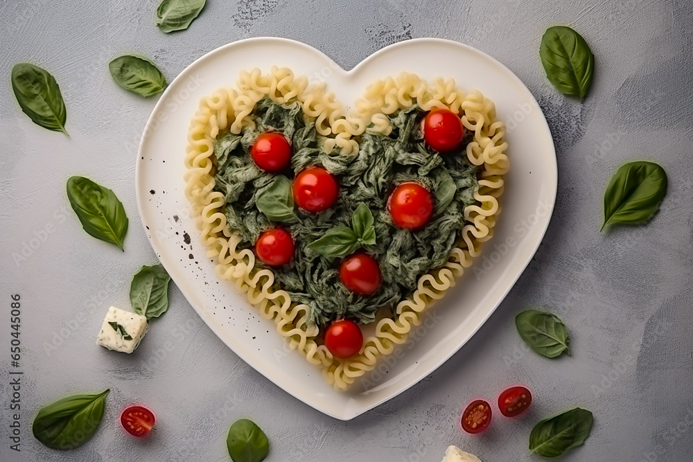 Spiral pasta with spinach sauce in a heart shape plate decorated with ...