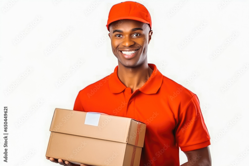 Handsome african american smiling postman delivering a packet and ...