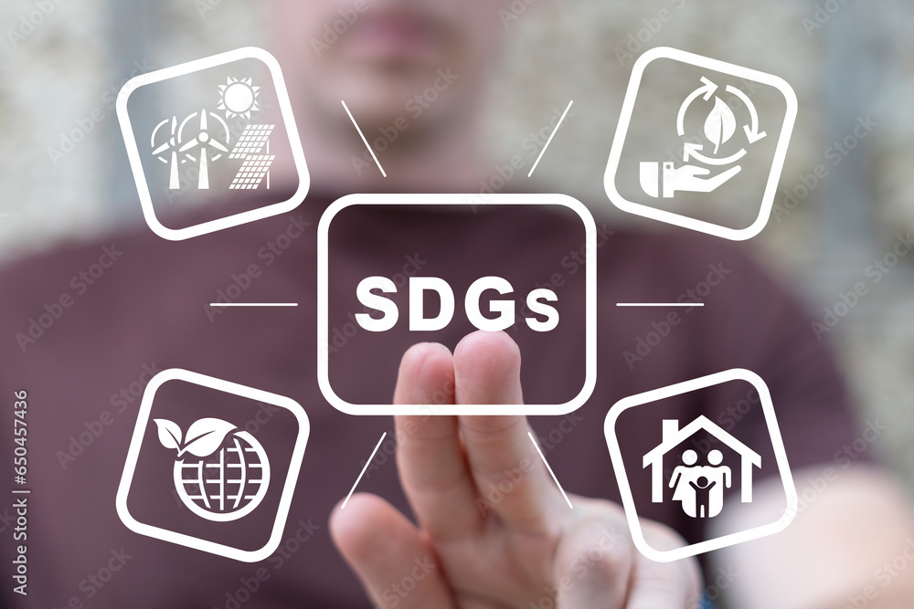 Man Using Virtual Touch Screen Presses Abbreviation Sdgs Concept Of