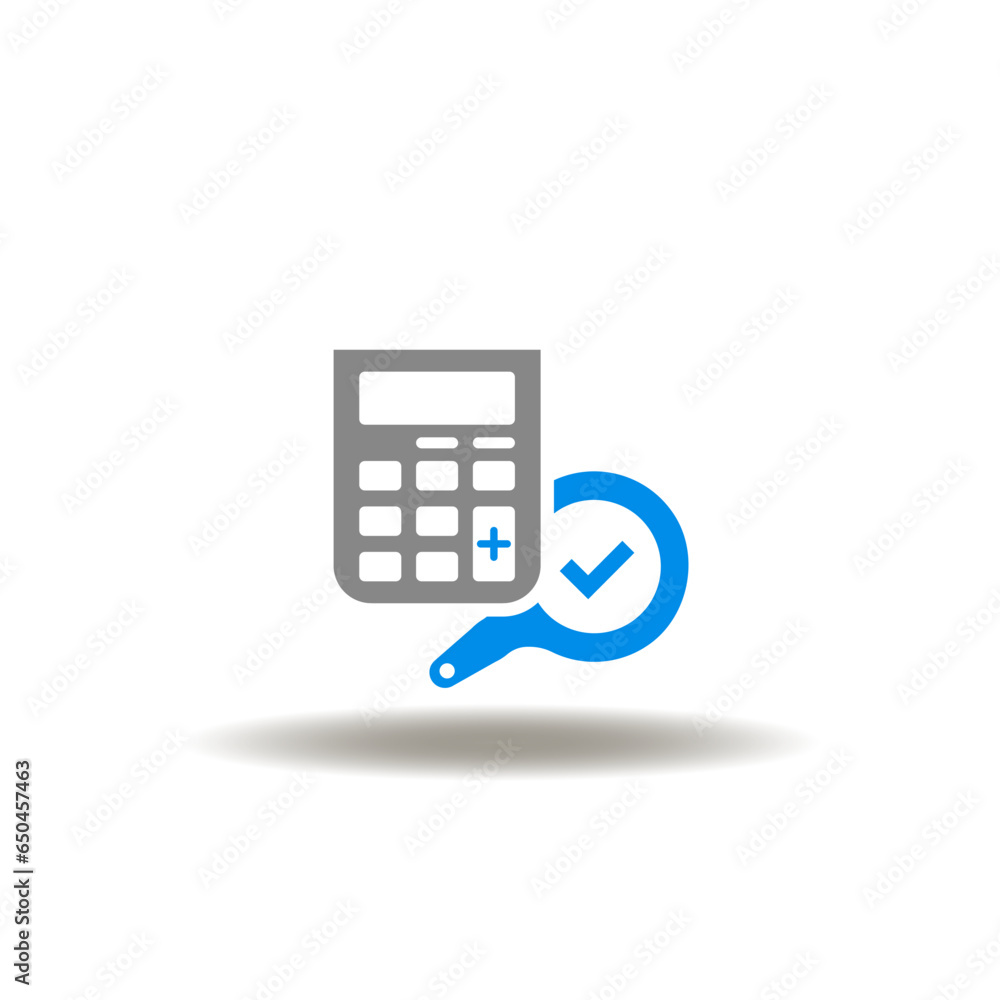 Vector illustration of calculator with magnifier and check mark. Icon ...