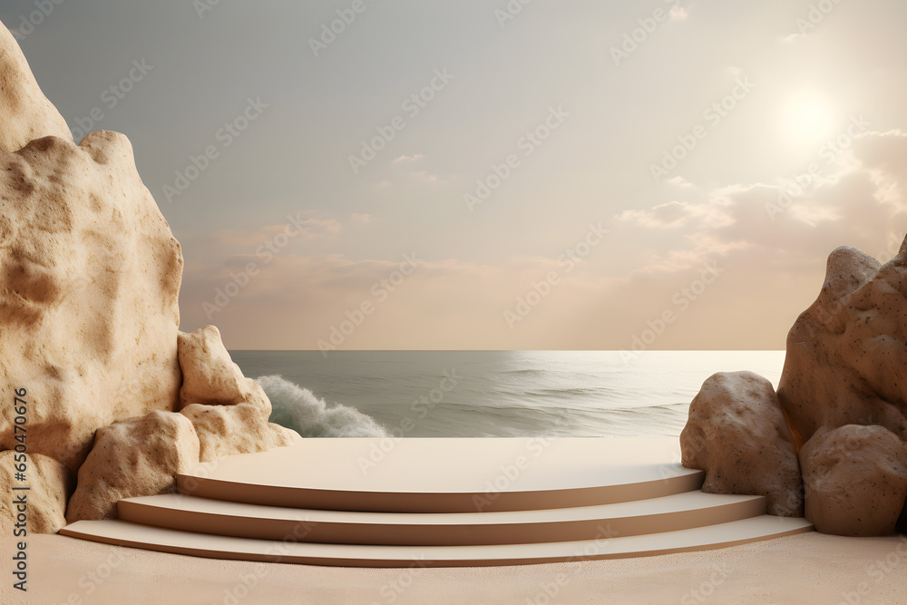 Stone podium stand in Summer sand and tropical sea background, Empty ...