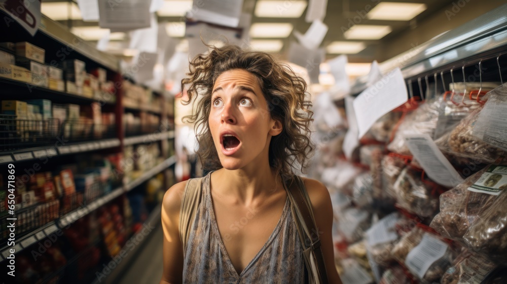 Shocked woman looks at grocery prices in disbelief while shopping in ...