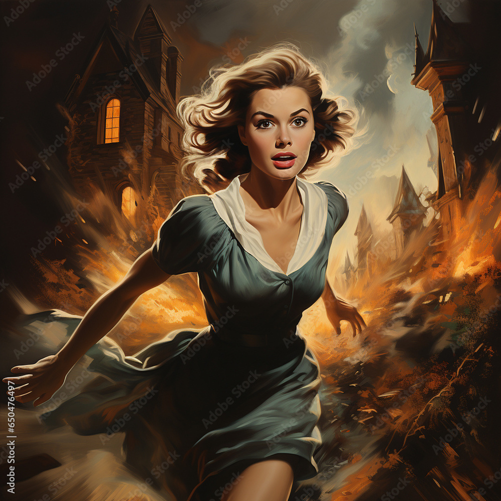 illustration of a woman running away from the apocalypse in a 1950s era ...