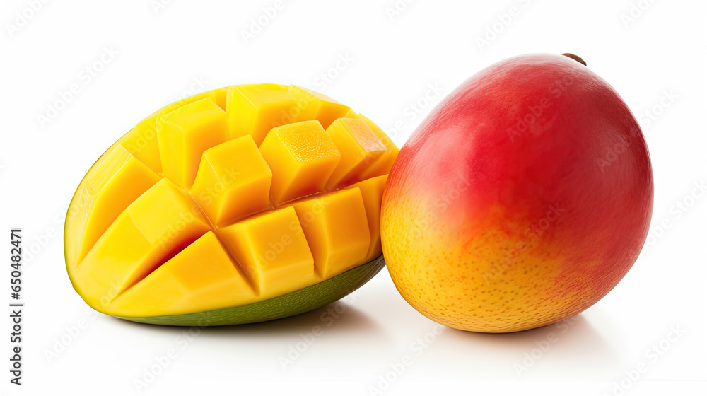 Beautiful ripe juicy mango fruit and other mangoes cut in half on white ...