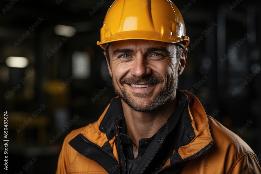 Smiling young male engineer with arms crossed and wearing yellow ...