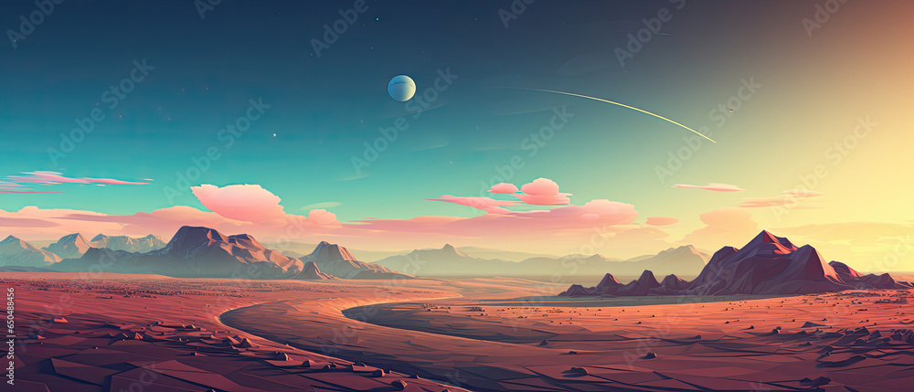 Nostalgic 3D empty landscape bright colors mountains and clouds space ...