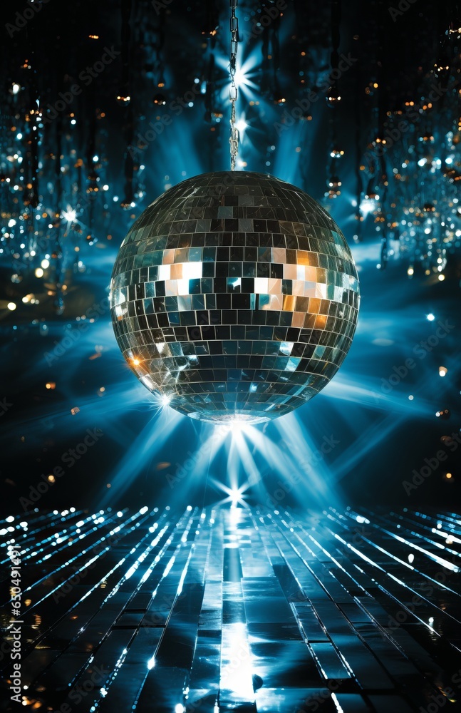 Starry Night Disco Ball Glamour. Disco ball with radiant beams against ...