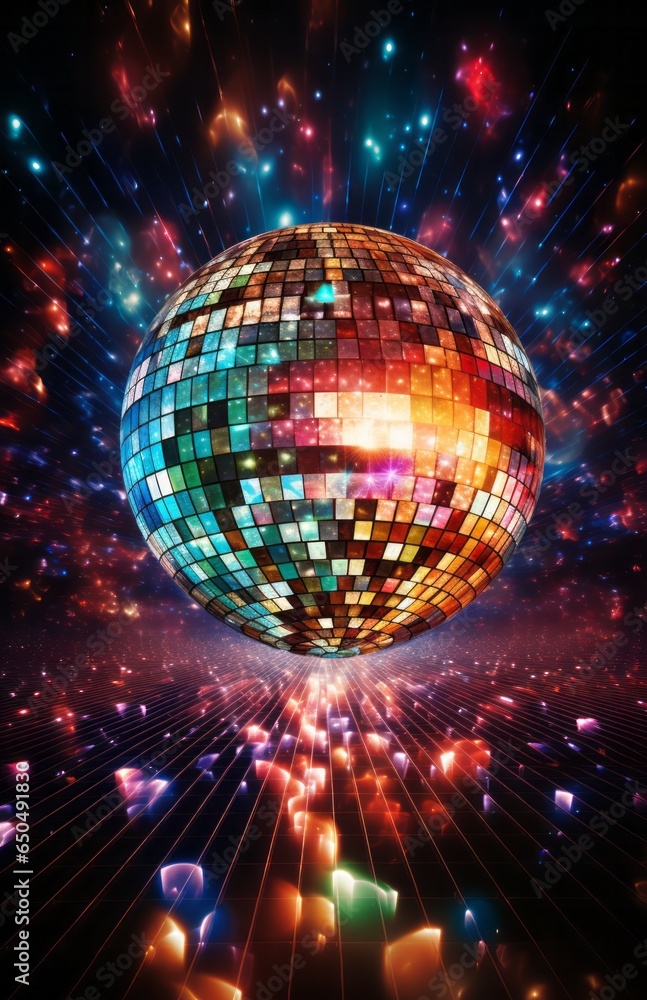 Cosmic Disco Ball Illumination. A vibrant disco ball radiates light ...