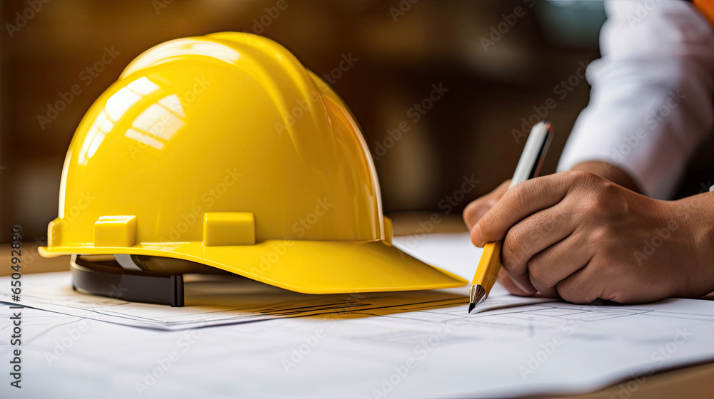 Building plan paper with engineer architect hand and yellow safety ...