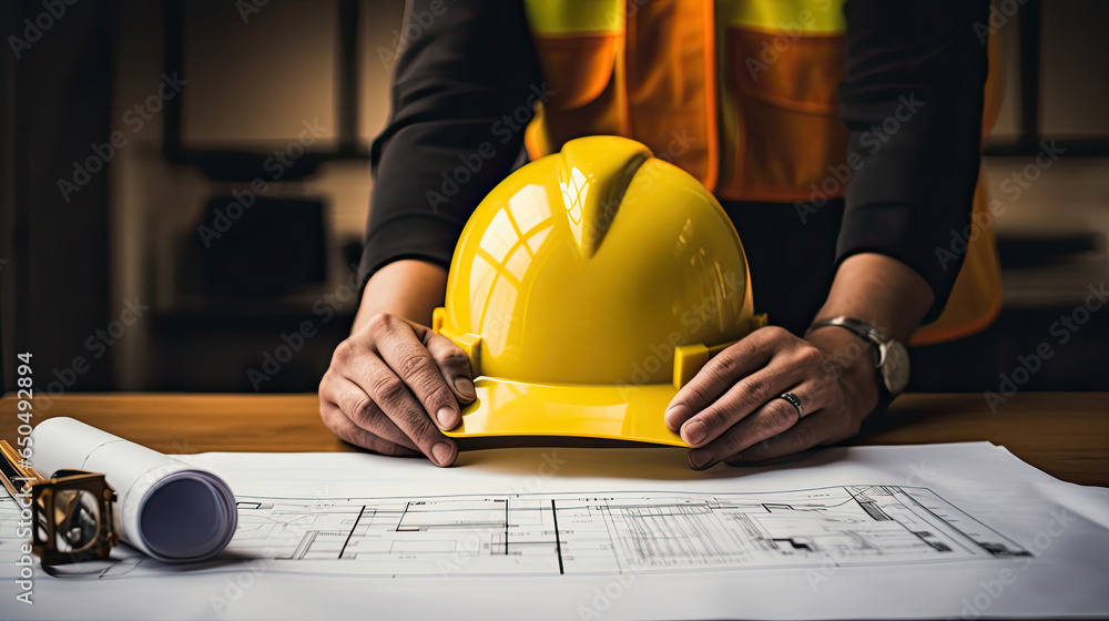 Building plan paper with engineer architect hand and yellow safety ...