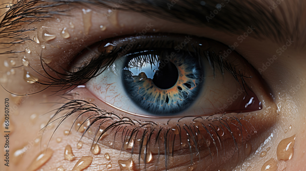 Human eyes with cold blue gray pupils shed tears as a cry of loneliness ...