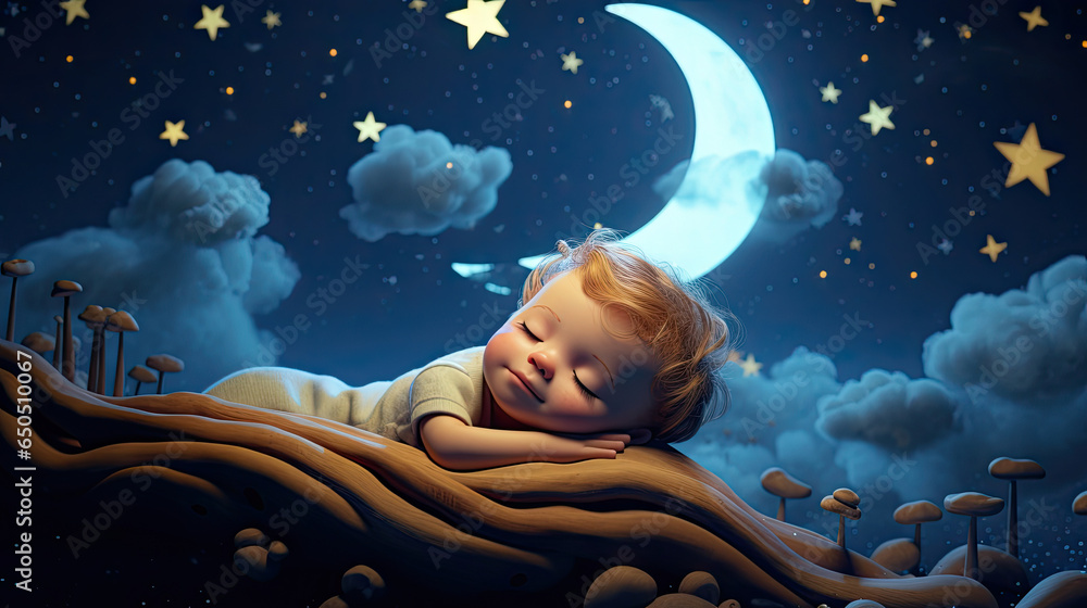 lullaby background with stars and moon cartoon baby boy sleeping with ...