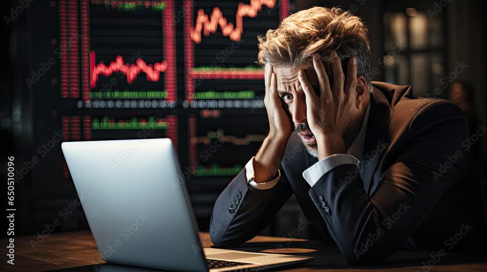 Man with business suit and laptop looks worried and feels anxious ...