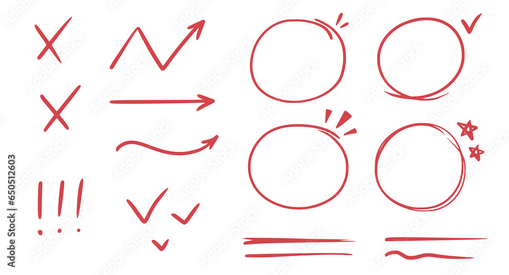 Red line check mark, underline, circle. Hand drawn doodle sketch red ...