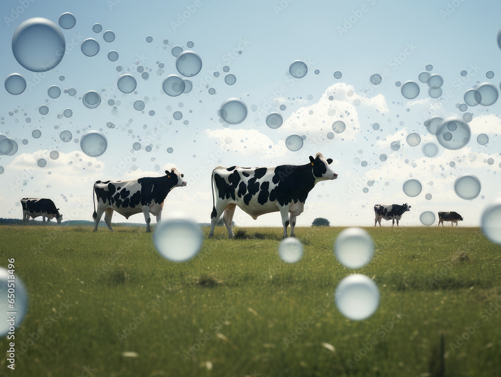 Methane molecules against a backdrop of a cow herd, conveying the ...