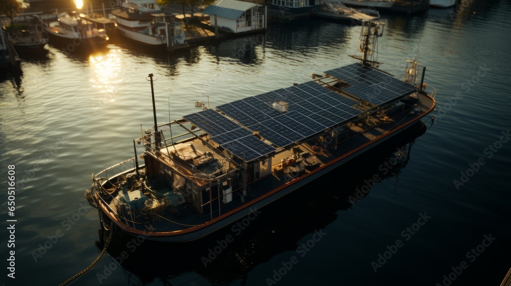 boat running with clean energy from solar panels, all the boat's ...