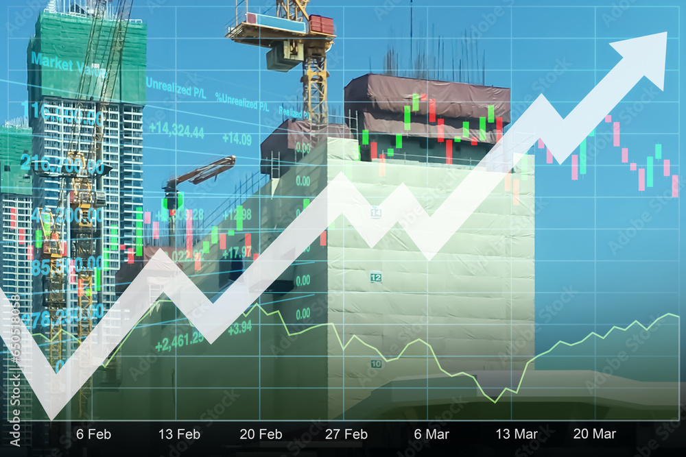 Image of tower crane working on top of the buildings with graph, chart ...