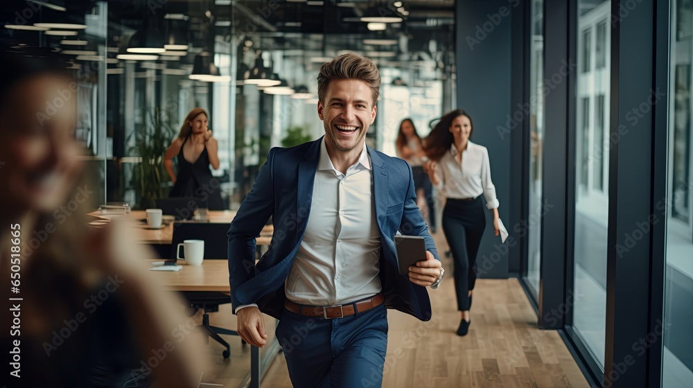 Foto de Large group of joyful entrepreneurs having fun on a sports race ...