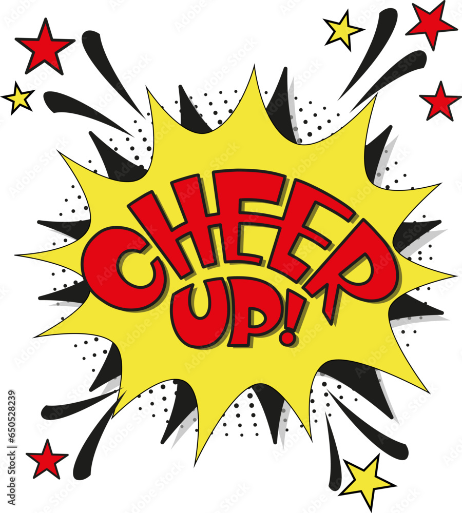 Vecteur Stock Comic lettering cheer up with red lips and an open mouth ...