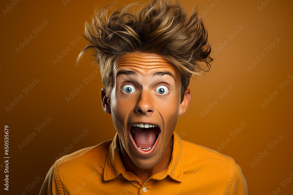 Hilarious young man expressing exaggerated shock with wild hair ...