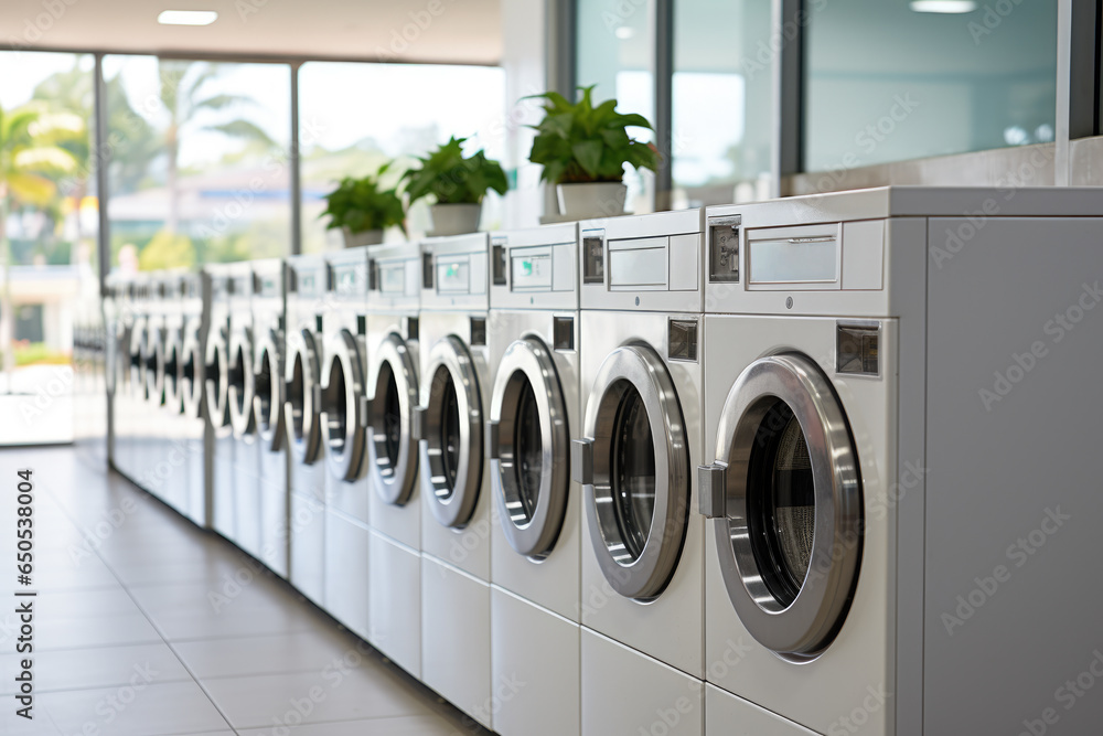 Row of washing machines sitting in laundry room. This image can be used ...