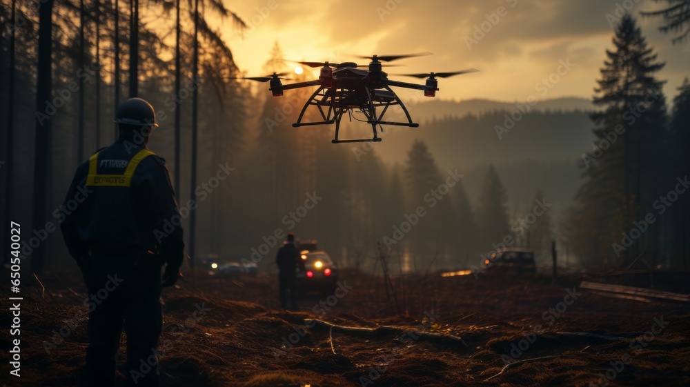 firefighters searching for lost people with the help of drones, using ...