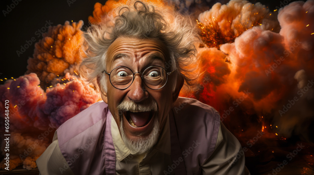 Captivating elderly man with wild hair, heartily laughing post ...