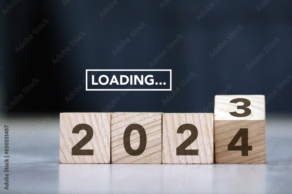 2024 New Year Loading. Loading bar with wooden blocks 2024 on blue ...