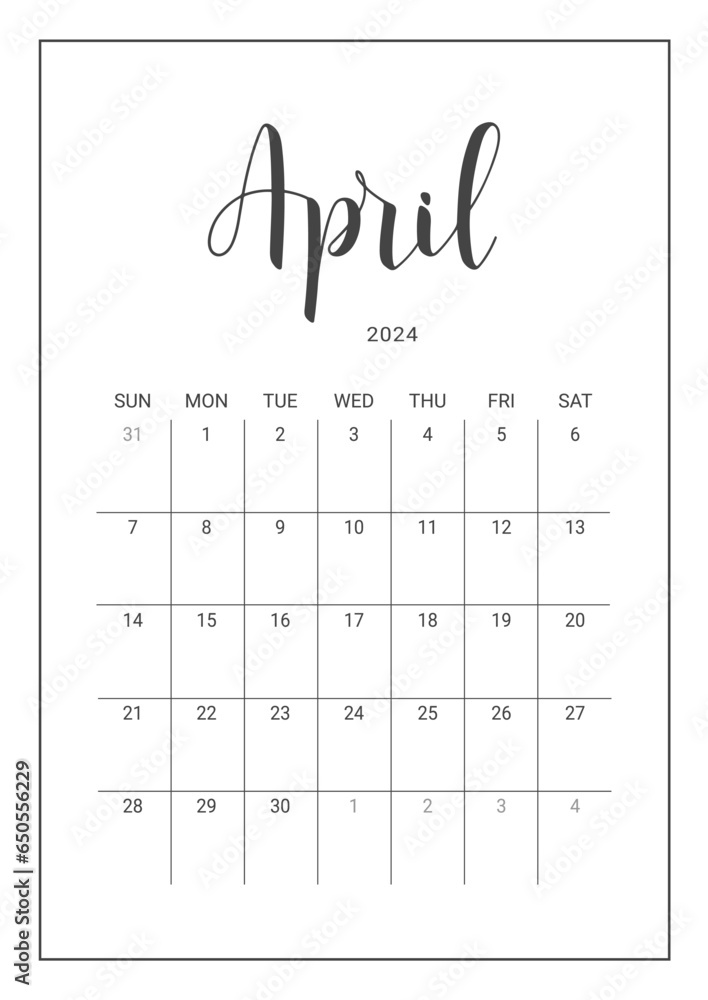 Vector Calendar Planner for April 2024. Handwritten lettering. Week ...