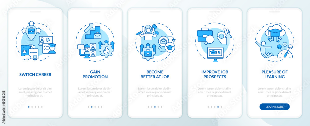 2D icons representing MOOC mobile app screen set. Walkthrough 3 steps ...