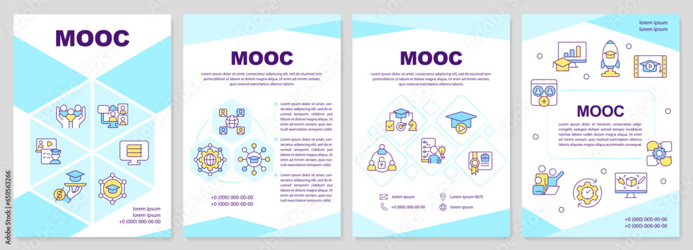 2D MOOC blue brochure template, leaflet design with thin line icons, 4 ...