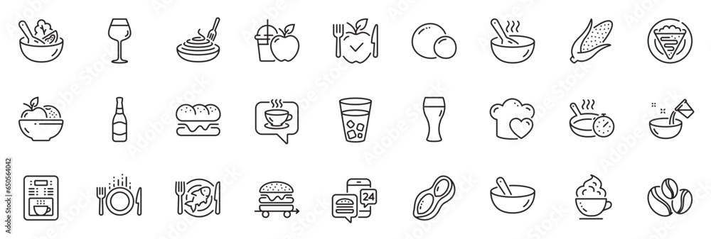 Vetor de Icons pack as Peanut, Beer bottle and Beer glass line icons ...