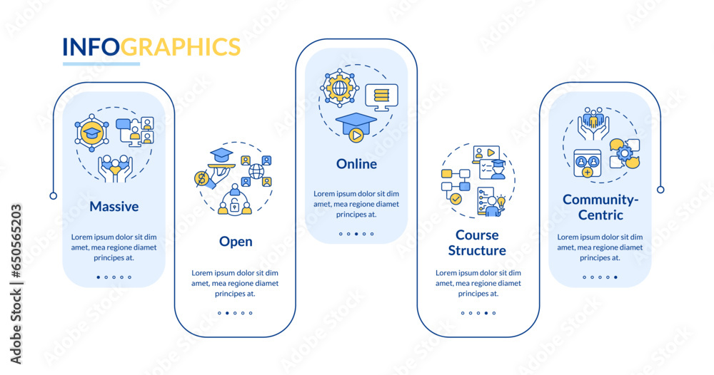 2D MOOC vector infographics template, data visualization with 5 steps ...