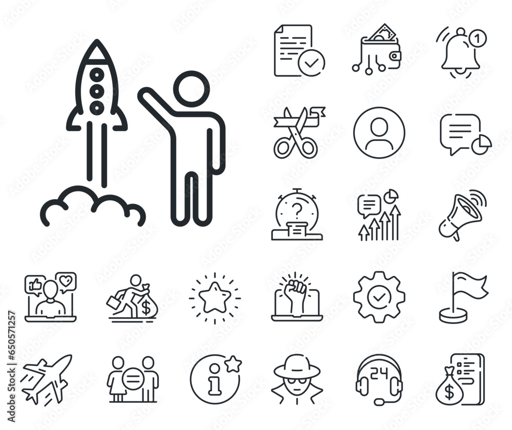Startup rocket sign. Salaryman, gender equality and alert bell outline ...