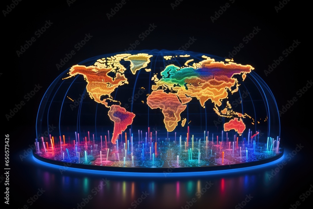 Glowing world map on dark background. 3d illustration. Elements of this image furnished by NASA ...