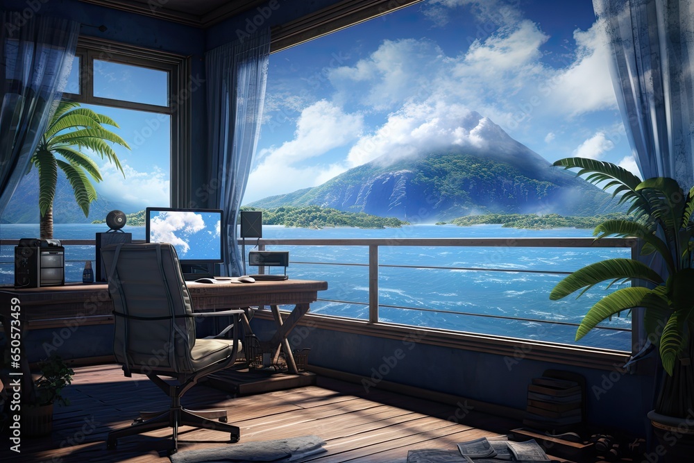 Interior of a room with a view of the sea and mountains, Computer room ...