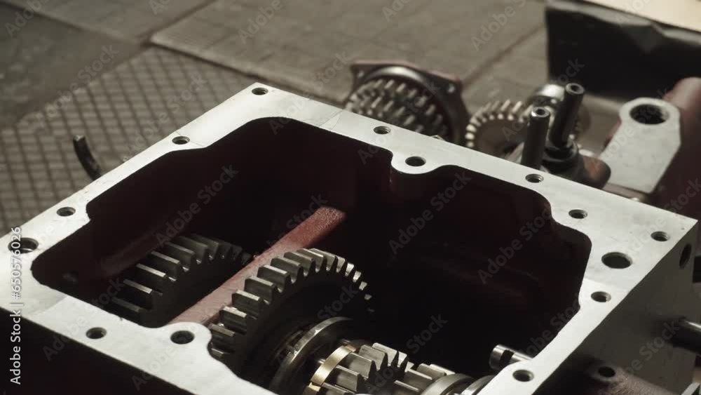 Open gearbox housing with rotating gears inside during quality control ...