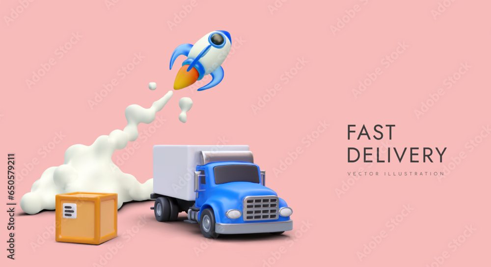 Express delivery, fast transportation. 3D truck, box, launching rocket ...
