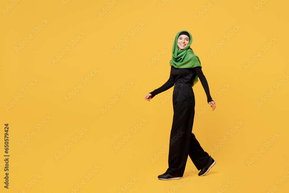 Full body side profile view young arabian asian muslim woman wearing ...