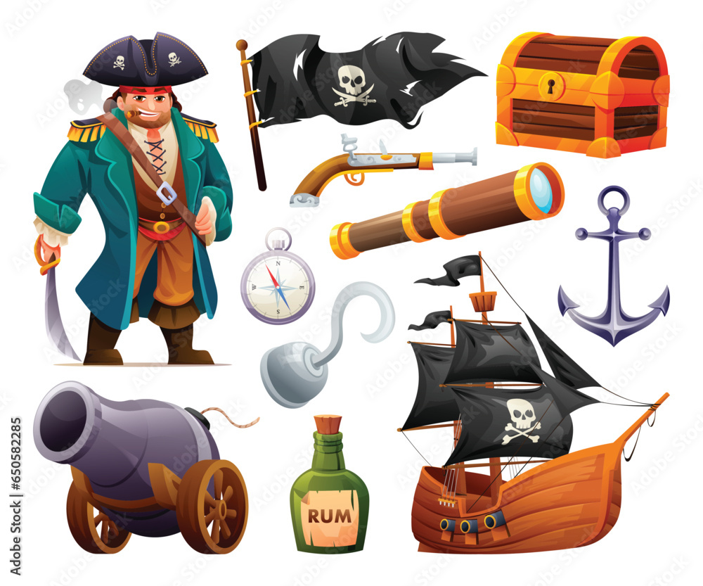 Set of pirate character, flag, spyglass, treasure chest, cannon and ship. Pirate elements vector ...