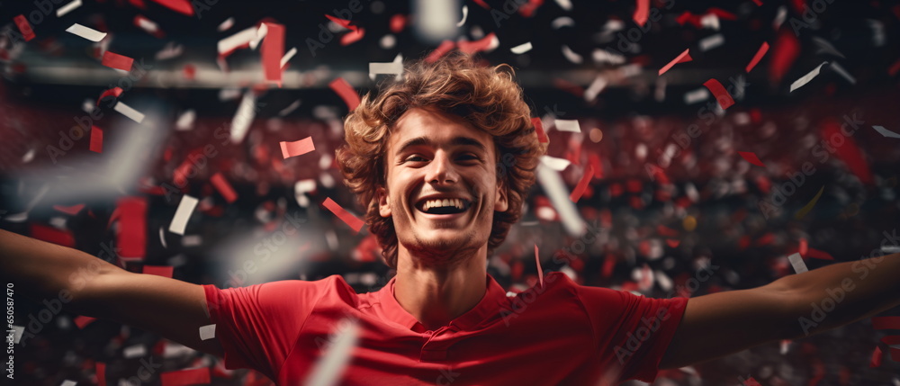 Winner! Portrait of a happy male soccer sport player in red jersey ...