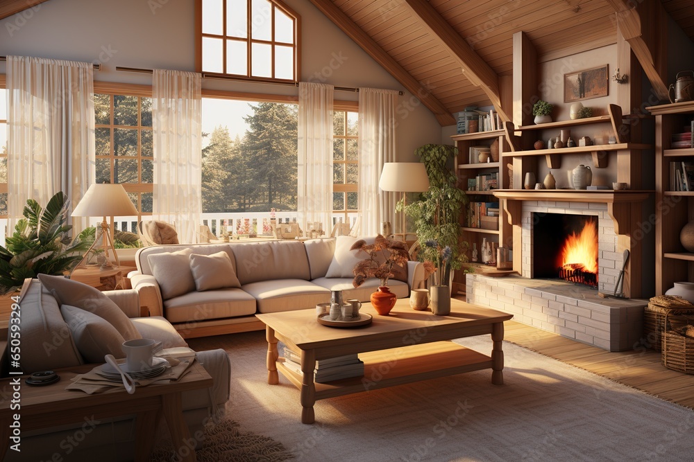 cozy warm home interior of a chic country house with an open plan, wood ...