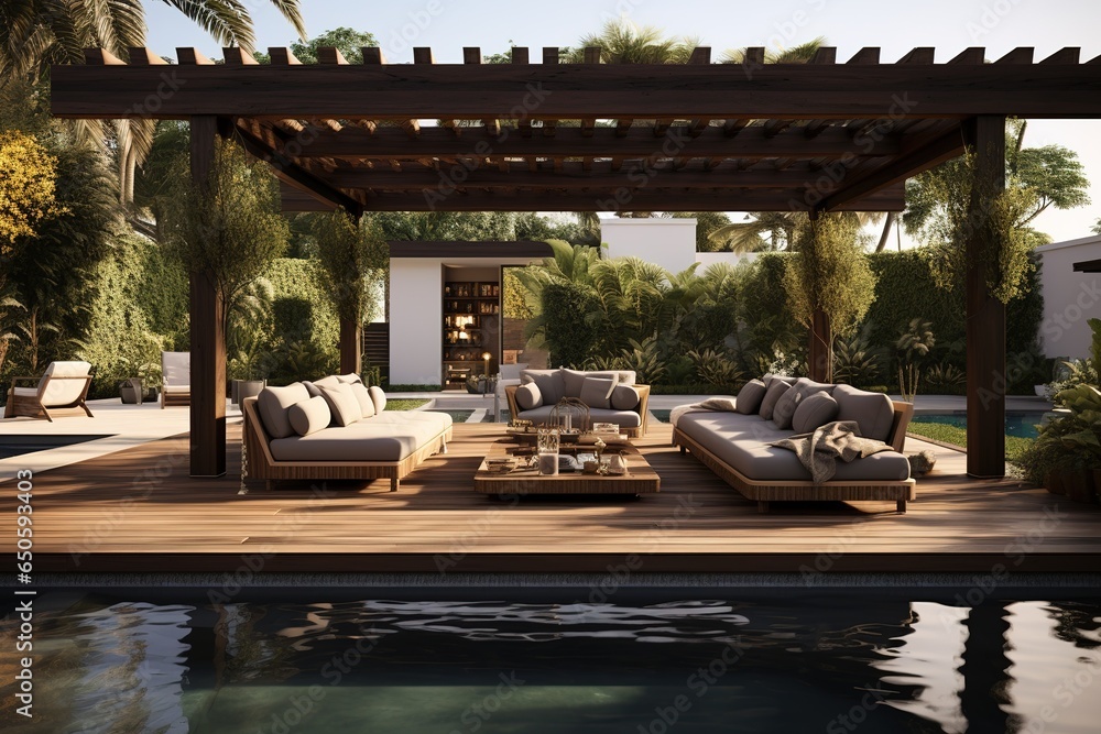 Interior design of a lavish side outside garden at morning, with a teak ...