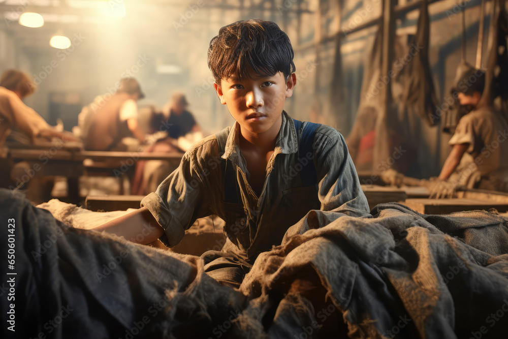 Asian kids in a textile factory background, Illegal child forced labor ...