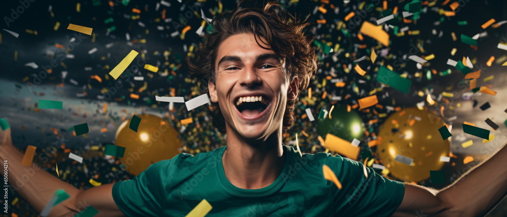 Winner! Portrait of a happy male soccer sport player in green jersey ...