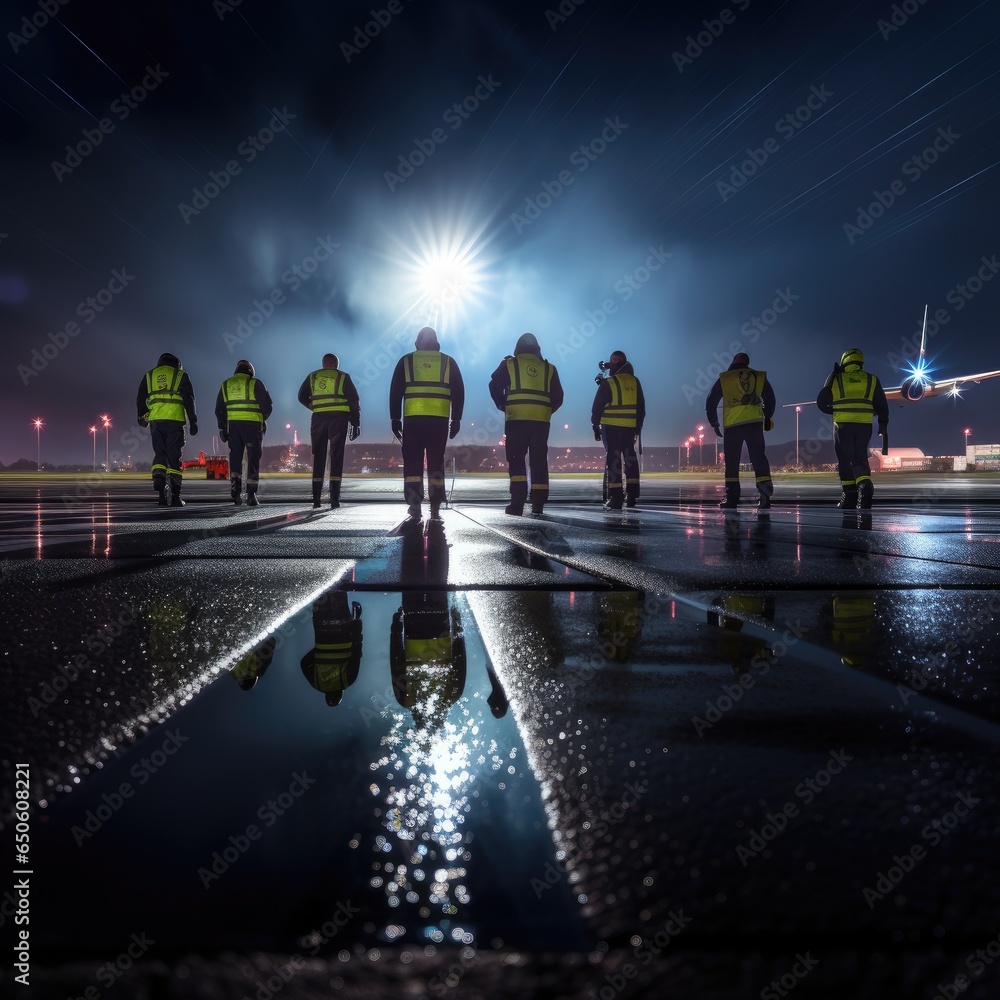 Careful airport ground crew patrol the airport runway. Plane in the ...