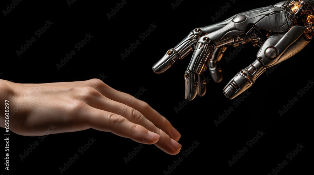 A human hand and a robot hand reaching towards each other, illustrating ...