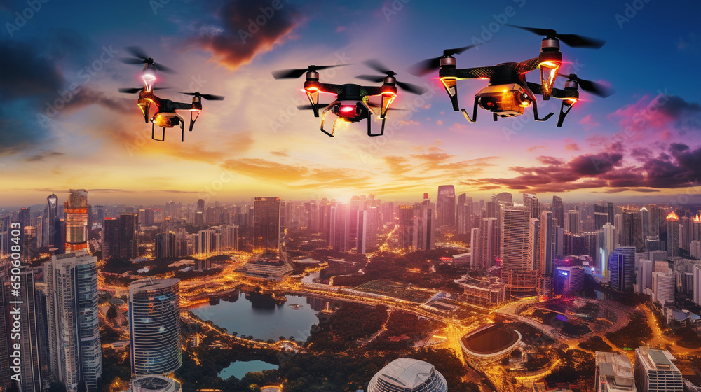 A futuristic cityscape with AI-controlled drones flying overhead ...